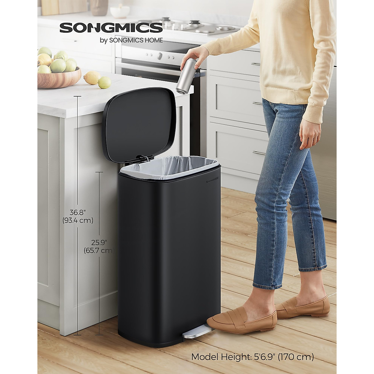 SONGMICS 13 Gallon Trash Can, Stainless Steel Kitchen Garbage Can, Recycling or Waste Bin, Soft Close, Step-On Pedal, Removable Inner Bucket, Black ULTB050B01