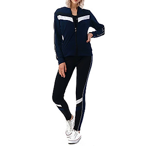 Jvini Women's 3 Piece Sports Outfit Set - Zip Up Hoodie Sweatshirt - Raceback Bra & Leggings Navy/Black Curve 1XL US(14-16)