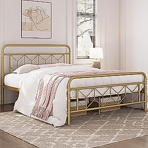 Yaheetech Metal Platform Bed Frame Mattress Foundation with Diamond Pattern Headboard/Footboard/Heavy Duty Steel Slat Support/Under Bed Storage/No Box Spring Needed/Full Size Antique Gold
