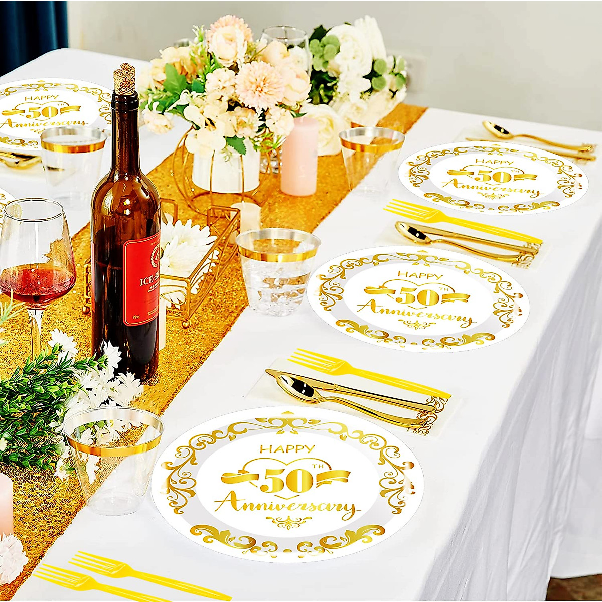 75 Pcs 50th Anniversary Wedding Party Supplies,50th Anniversary Wedding Party Tableware Set 7" 50 Years Golden Paper Plates Fork Fifty Anniversary Party Decorations 50th Brithday Party Decorations