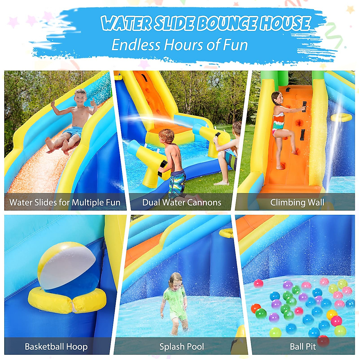 WHUBEFY Inflatable Water Slide,7 in 1 Kids Water Slides with Blower,Water Bounce House Water Park for Kids Backyard,Waterslide Splash Pool,Water Gun,Climbing Wall,Bounce Water Slide for Wet and Dry