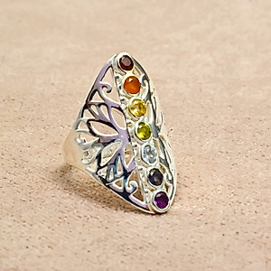 Silver Palace Healing Chakra Gemstone 925 Sterling Silver Long Finger Ring For Women Ring Size 5 to 12