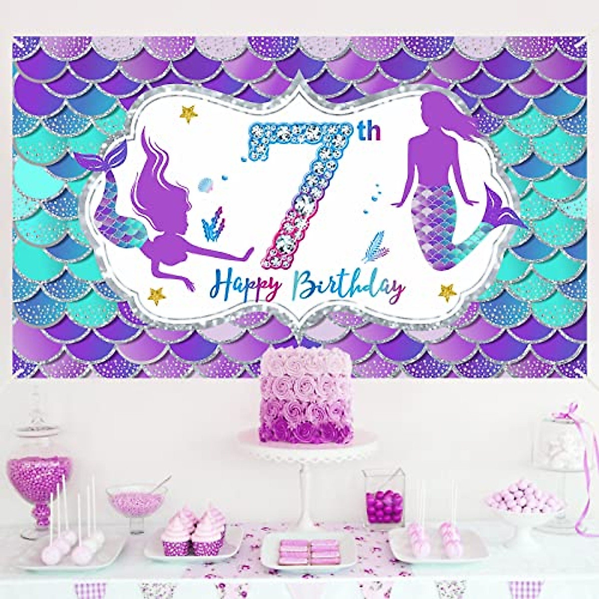 Mermaid 7th Birthday Banner Decorations for Girls, Little Mermaid Themed Happy 7 Year Old Birthday Background Party Supplies, Under The Sea 7 Bday Sign Decor for Outdoor Indoor