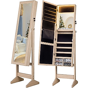 LUXFURNI 62.6" Standing Mirror with Storage, LED Light Mirror Jewelry Cabinet Armoire, Large Jewelry Storage Mirror, Lockable Jewelry Organizer Mirror, Natural