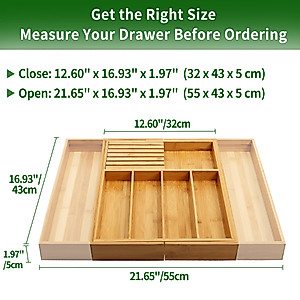 VaeFae Bamboo Silverware Drawer Organizer Kitchen, Expandable Utensil Holder and Cutlery Tray with Divider | 13"-21.6" Flatware Storage and Removable Knife Block