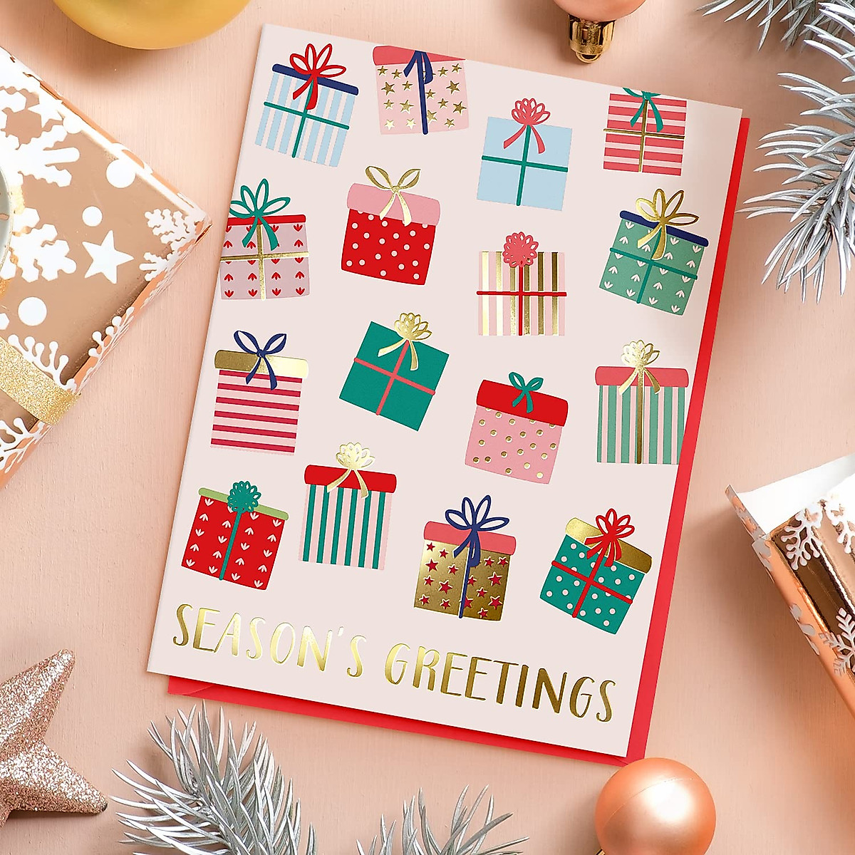 Christmas Cards Set - 24 Gold Foil Holiday Cards with Red Envelopes – 6 Assorted Designs Boxed for Easy Storage - 4.25 x 5.75, Bulk Greeting and New Years Decor Sheets
