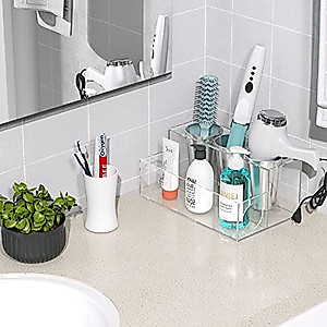HIIMIEI Hair Tools Organizer Clear Acrylic Hair Dryer Holder Countertop Blow Dryer Stand Storage for Vanity Bathroom with 3 Cups