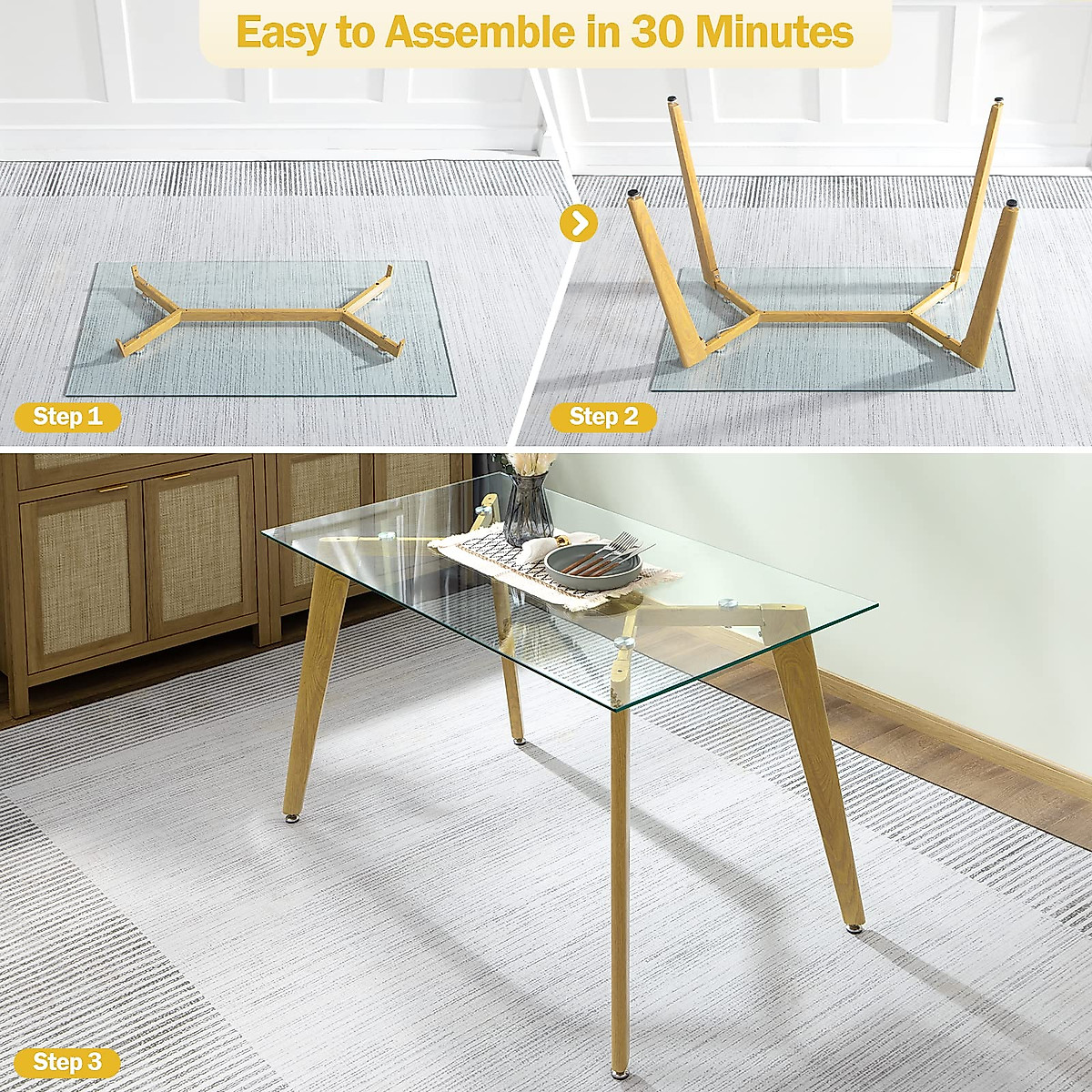 Bacyion Glass Dining Table - 47 Inch Kitchen Table for 2 or 4, Modern Rectangle Dinner Tables with Metal Legs, Wood Skin, Small Dining Room Table for Apartment or Small Spaces,Easy Assembly, Natural