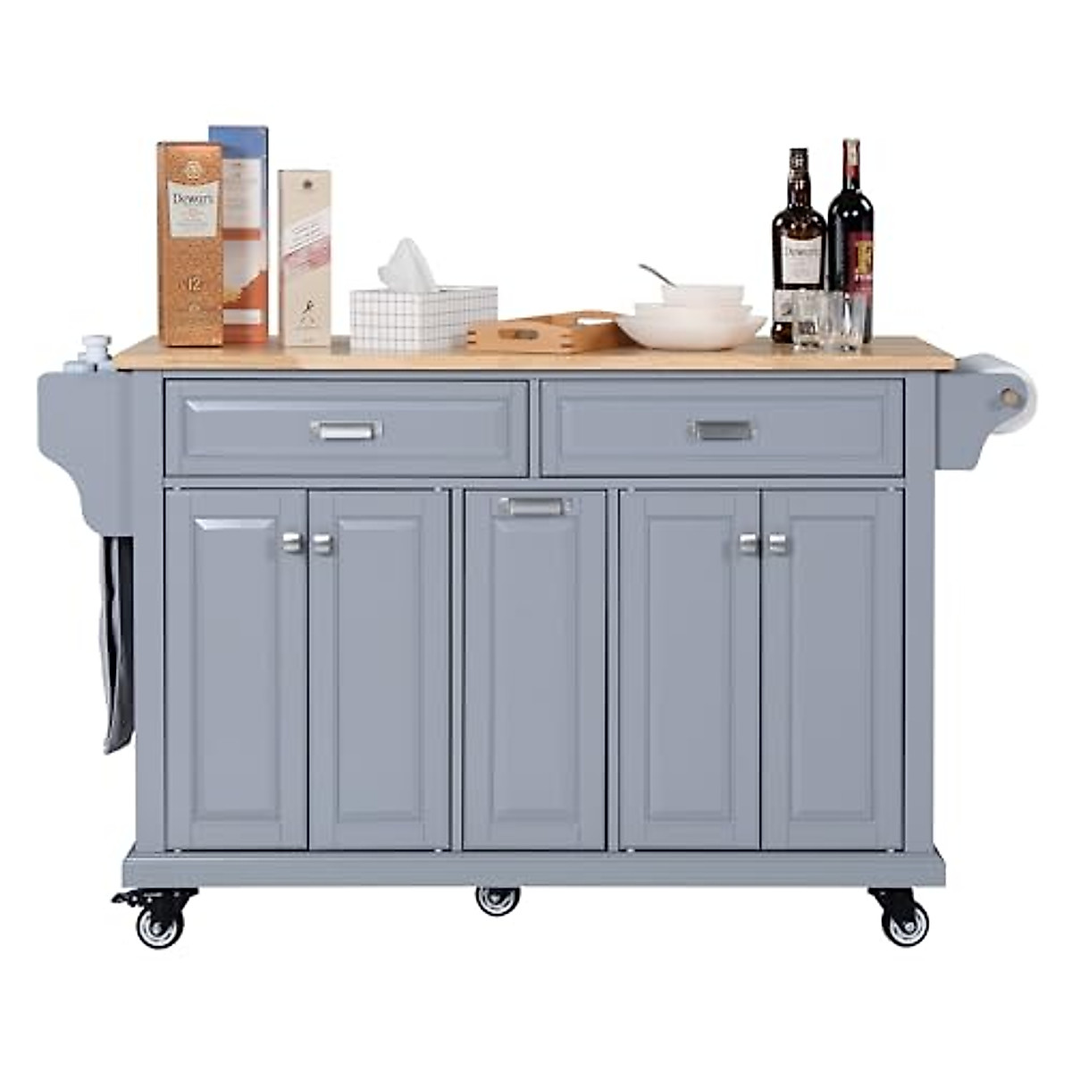 Cambridge Rolling Kitchen Island on Wheels Utility Cart with Spice and Towel Racks and Rubber Wood Countertop, Storage Drawers, Door Cabinets, Gray