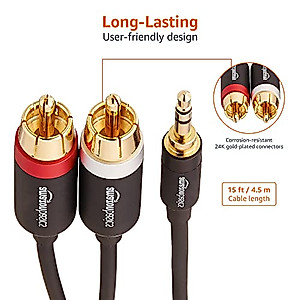 Amazon Basics 3.5 Aux to 2 x RCA Adapters, Audio Cable for Amplifiers, Active Speakers with Gold-Plated Plugs, 15 Feet/4.6 m, Black