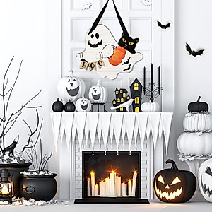 Amyhill Halloween Boo Decorations Wooden Ghost Hanging Sign 3D Black Cat Front Door Hanger Halloween Wreaths Spooky Welcome Sign for Halloween Indoor Outdoor Wall Home Porch Party Haunted House