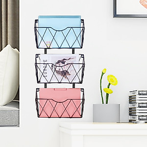 KEEGH Hanging Wall File Organizer Wall Mount File Folder 3 Pockets Wall Paper Organizer Mail Organizer Metal Wall Magazine Rack with Hooks