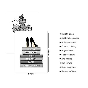 SIKYUCOR Glam Silver Gray Fashion Wall Decor Girls Room Decor Wall Art Prints Mini Skirt, Perfume Bottle, Book, High Heels, Lips Glitter Posters Prints Bedroom Decor (8"x10" UNFRAMED)