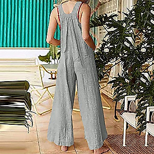 Sdeycui Womens Ethnic Style Solid Pocket Loose Romper Wide Leg Suspender Jumpsuit(Gray, M)