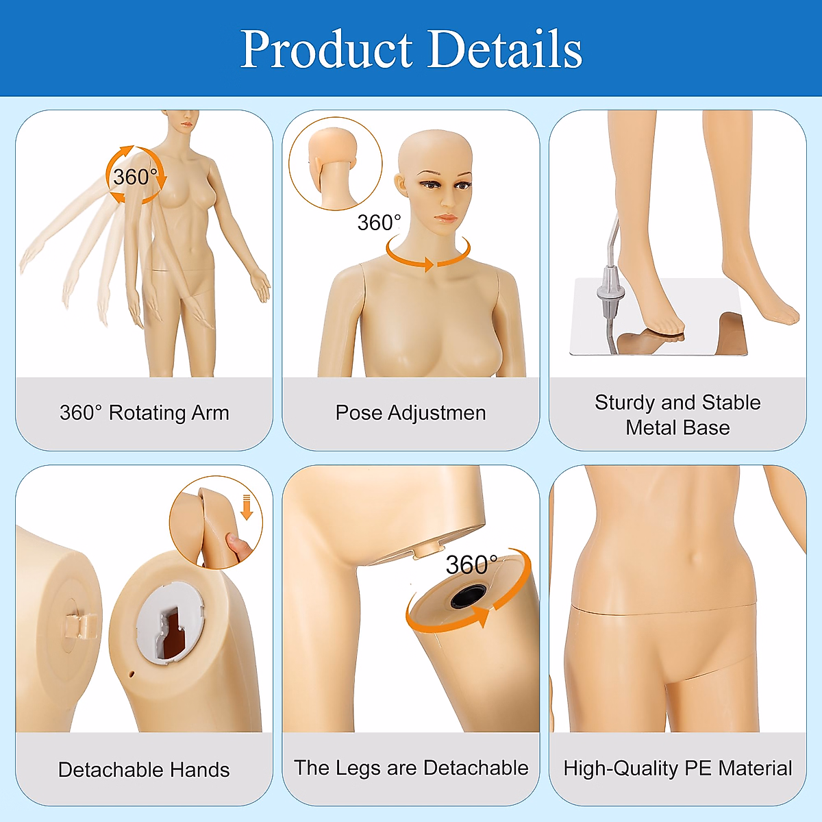 ZENY Female Mannequin Full Body, 68.9" Adjustable Mannequin Torso Dress Form with Metal Base, Realistic Clothing Model Stand, Woman