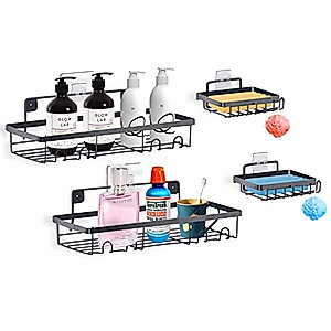 HATUO-001 4-Pack Shower Caddy Basket Shelf with Rustproof Black Hooks Storage Rack Organizer,No Drilling Can be wall-mounted without holes for Bathroom, Washroom, Restroom, Shower,Kitchen