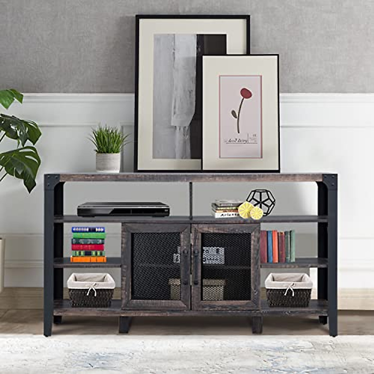 OKD TV Stand Industrial Rustic Entertainment Center for 65 Inch TV, 33" Tall Wood Media TV Console Cabinet Table w/Soundbar Shelf & 2" Wide Metal X-Frame for Living Room, Dark Rustic Oak