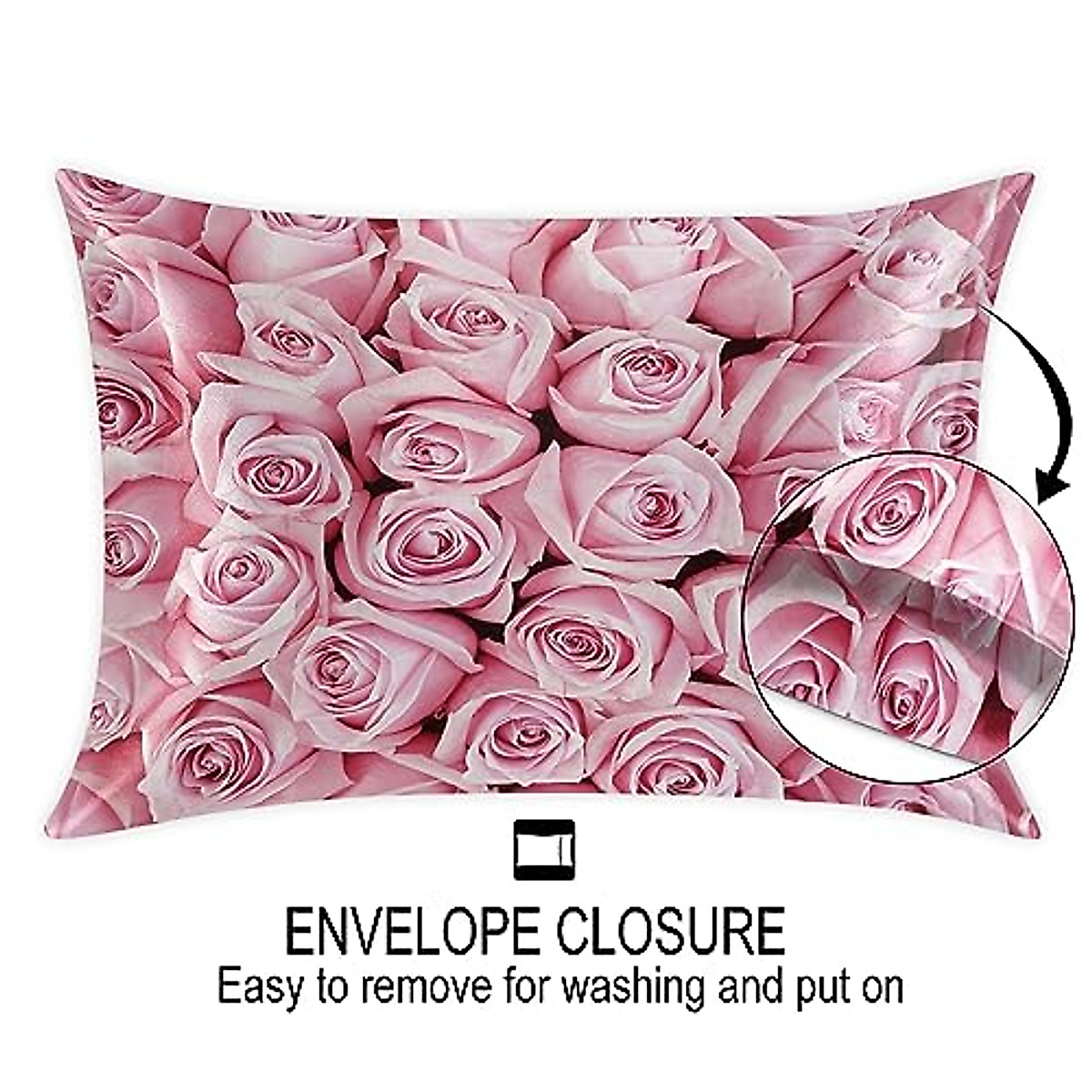 Pink Roses Satin Pillow Cases Silk Satin Pillowcase for Hair and Skin Standard Set of 2 Super Soft Silk Pillowcase with Envelope Closure (20x26 in)