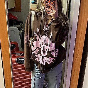 PLAYPUNK Women Rhinestone Oversized Zip Up Hoodie Y2k Skeleton Spider Skull Print Vintage Hoodies 90s Pullover Grunge Jacket Brown