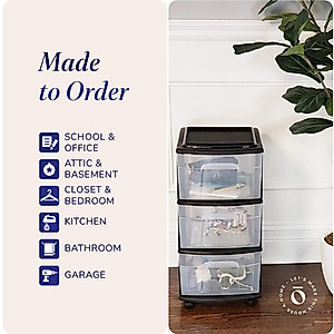 Homz Plastic 3 Clear Drawer Medium Home Organization Storage Container with 3 Large Drawers w/Removeable Wheels, Black Frame