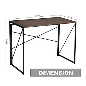 Folding Desk Simple Home Office Desk, Foldable Space Saving Computer Study Writing Table Workstation with Metal Frames/Wood Top Laptop, No Assembly Required, 39.4 Inch, Industrial Brown