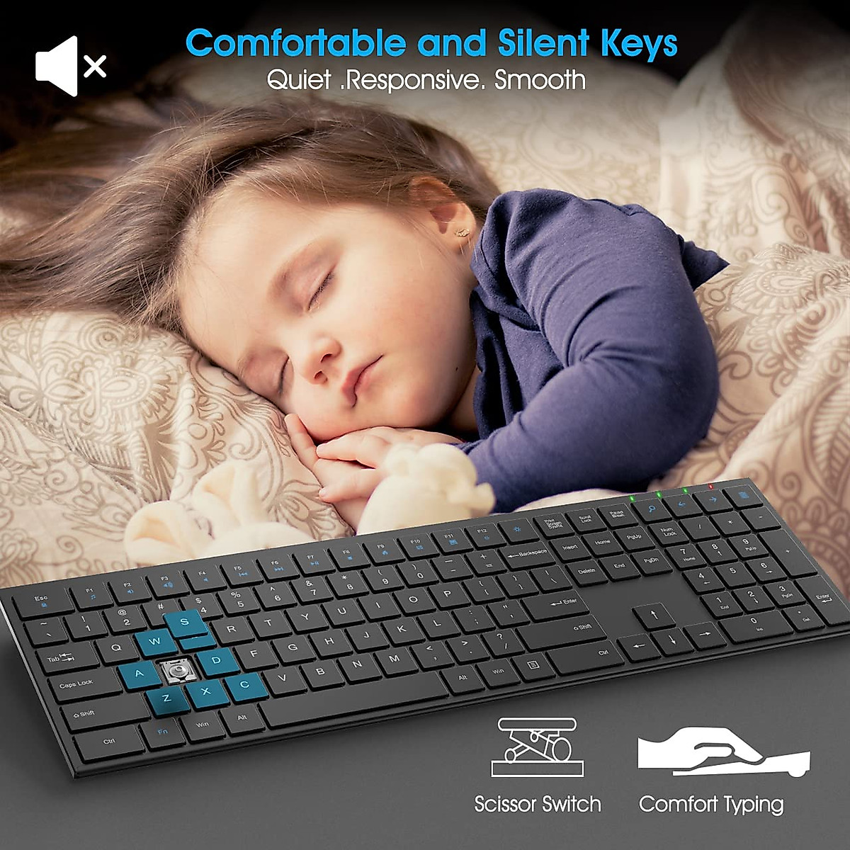 Trueque Wireless Keyboard, Full Size Ultra Slim Keyboard with Silent Keys, Number Pad, 2.4 GHz Wireless Ergonomic USB Computer Keyboard for Laptop, Windows, PC, Desktop, Mac, Black