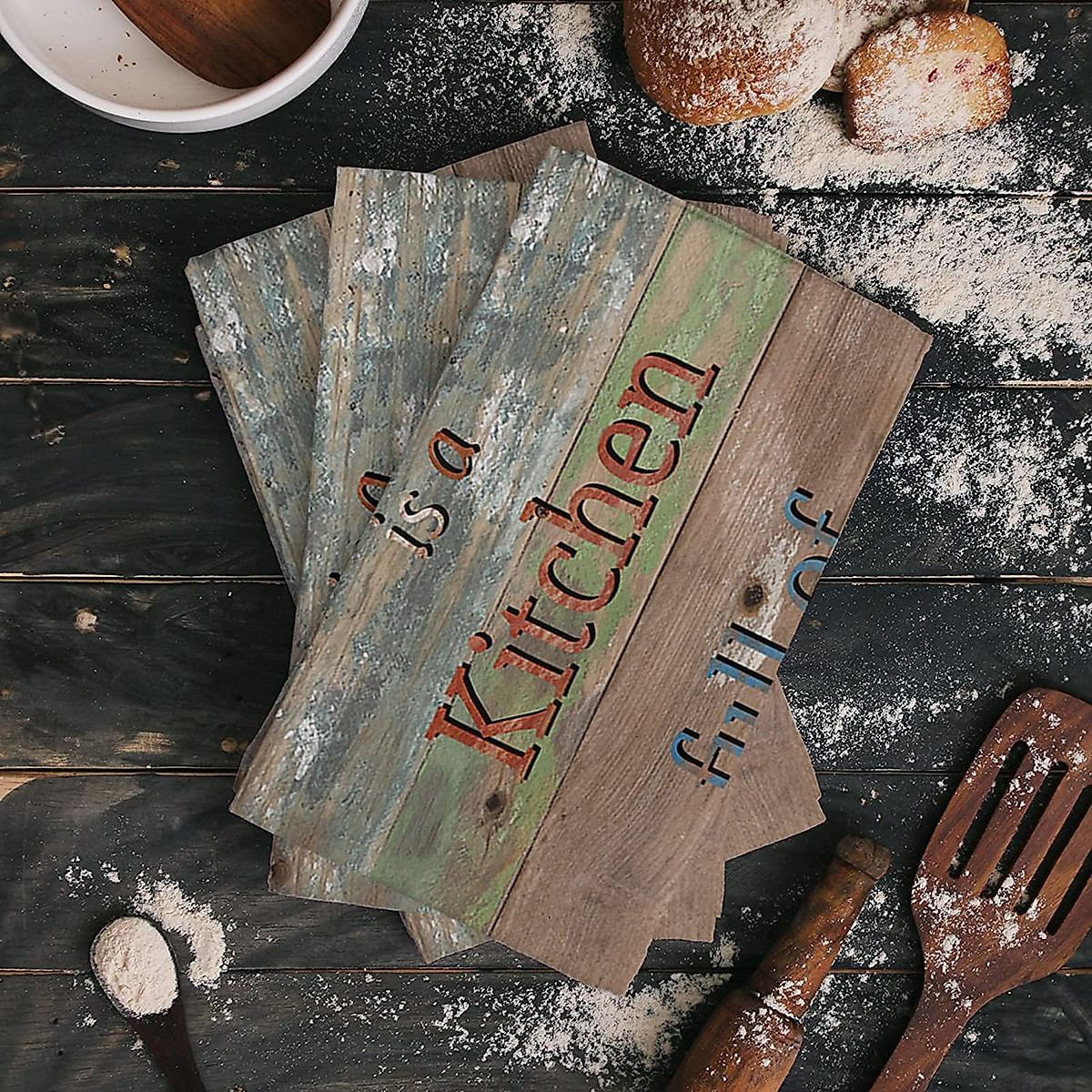 Kitchen Dish Towels 2 Pack-Super Absorbent Soft Microfiber,Rustic Wooden Grain Quotes Happiness is A Kitchen Full of Love Cleaning Dishcloth Hand Towels Tea Towels for Kitchen Bathroom Bar