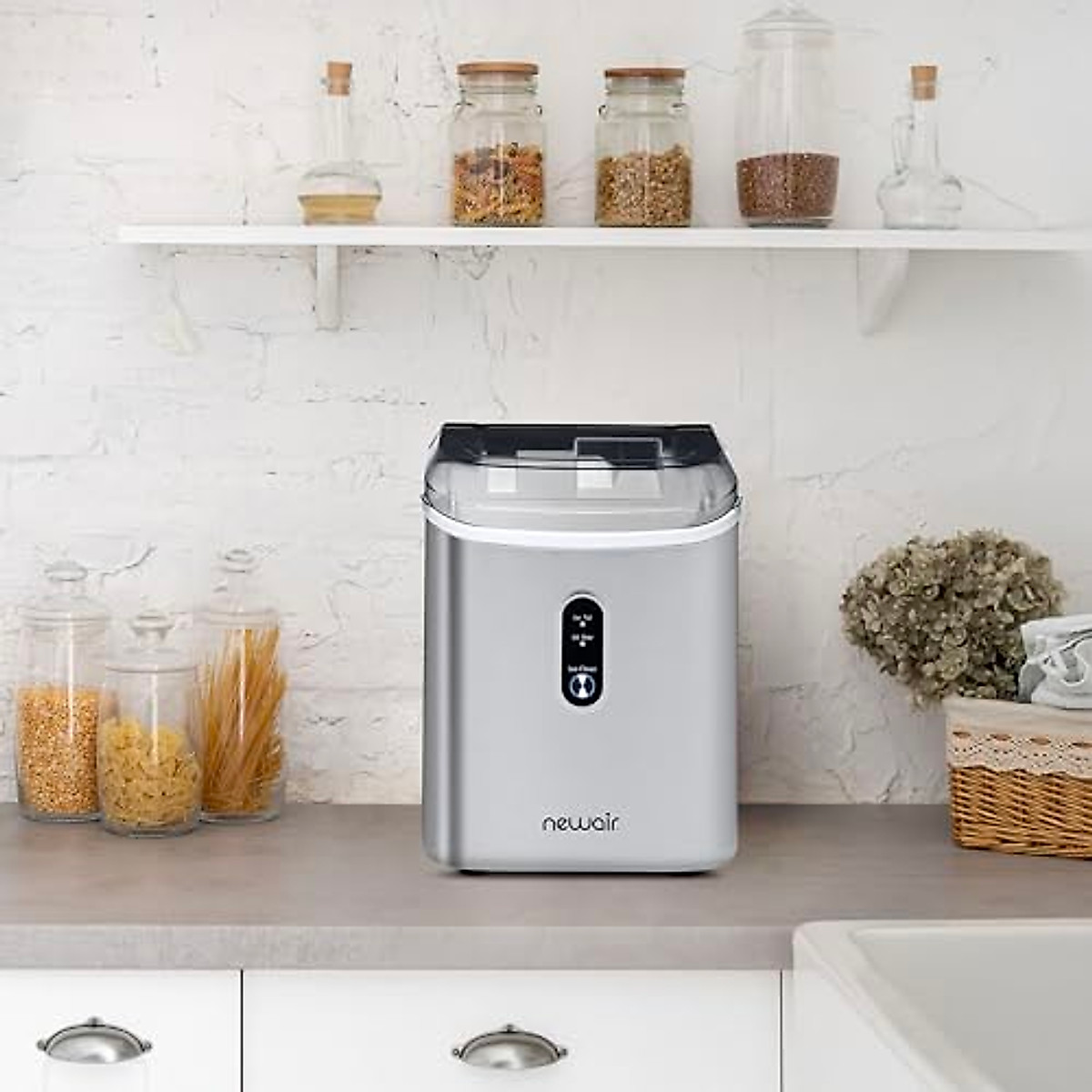Newair Nugget Countertop Ice Maker Machine | 26 lbs. | Sonic Ice Maker in Stainless Steel, Self-Cleaning Function, Refillable Water Tank, Perfect Canes Ice for Kitchens, Offices, Home Coffee Bars