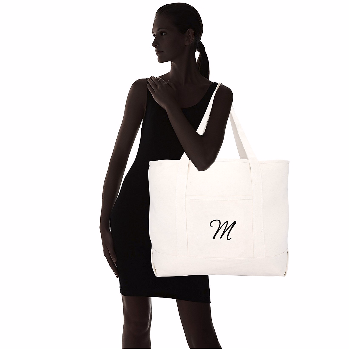 DALIX Monogram Bag Personalized Totes For Women Open Top Natural Letter M