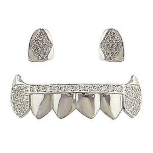 OOCC 18K Gold Plated Hip Hop Teeth Grillz Caps Iced Out CZ 2 pc Single Top 6 Bottom Vampire Fangs Grillz with Diamonds for Your Teeth (Silvery)