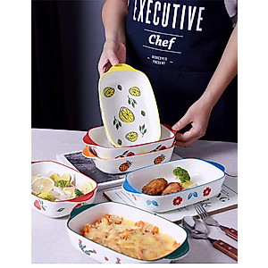 Bicuzat 8 x 5 Inch Ceramic Oven to Table Bakeware Dinner Plate, for Oven Roasting Lasagna Pan Cheese Baked Rice Bowl Baking Dish with Handle,Strawberry(1 PCS)