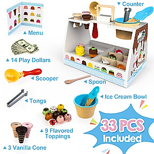 Wooden Ice Cream Toy for Kids, 33 PCS Pretend Play Food for Toddlers 3-5 Portable Ice Cream Stacking Toy, Montessori Toddler Toy Kitchen Playset Gift for Ages 3+