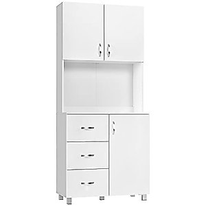 HOMCOM Freestanding Kitchen Pantry, Buffet with Hutch Storage Organizer with 2 Door Cabinets, 3 Drawers and Open Countertop, Adjustable Shelf, White