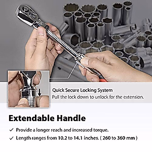 FIRSTINFO F3222NC 3/8-Inch Drive Locking & Flexible Extendable Ratchet Wrench Reversible, Soft-Grip with 72-Tooth Geared Action (Length: 10.2 to 14.1 inches)