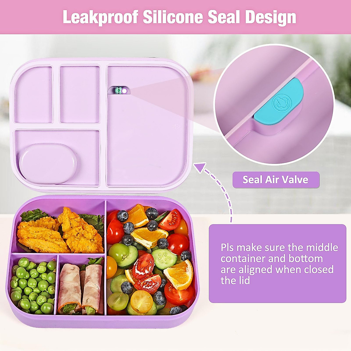 Caperci Bento Box for Kids - Stackable Leakproof Multiple Compartments Lunch Containers for Kids with Sauce Container, 5.8 Cups, Idea for School, On-the-go, Built-in Utensil Set, BPA Free (Purple)