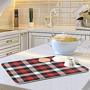 Christmas Buffalo Plaid Tartan Check Scotland Black Red Dish Drying Mat Medium Dish Draining Mat For Kitchen Counter Dry Matt For Dishes Absorbent Mat XL Drying Mat For Dishes 18 x 24 Inches