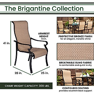 Hanover Brigatine 7-Piece Modern Patio Dining Set with 6 Quick-Dry Tan Sling Chairs and 40"x70" Square Cast-Top Table, All-Weather Outdoor Furniture Set for Backyard and Deck