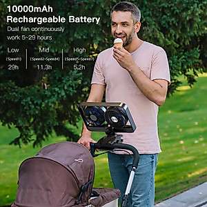Koonie 10000mah Battery Operated Dual Head Fan, Clip on Fan with 7 speed, 360° Rotation, Cordless Rechargeable fan for Camping Travel Outdoor Indoor Office