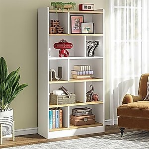 Tribesigns 72 Inch Tall White Bookcase, Modern Cube Bookshelf 6 Tier Bookcases, Large Open Display Shelf Storage Organizer for Living Room, Home Office, Library, Bedroom, White and Brown