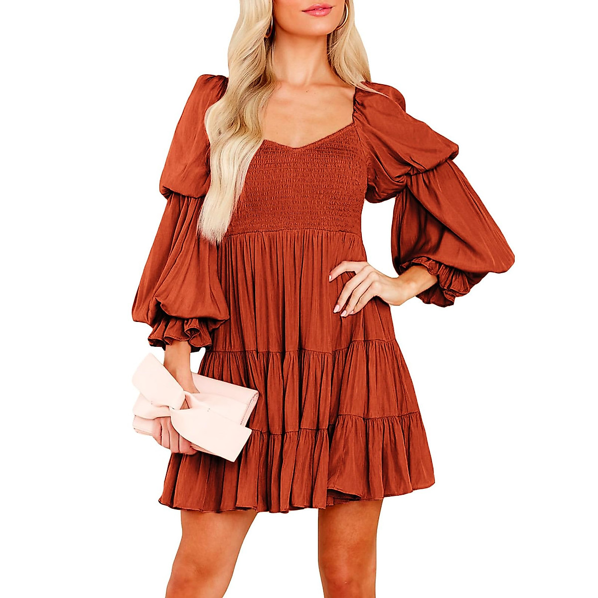 Dokotoo Women's Ladies Spring Casual Summer Dresses Casual Sexy Off The Shoulder Square V Neck Flared Long Sleeve Cute Ruffle Smocked Elegant Mini Short Birthday Dresses for Women Brown Small