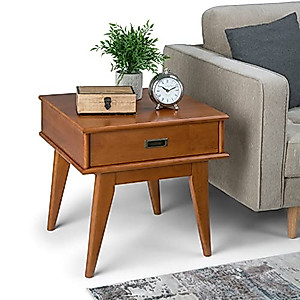 SIMPLIHOME Draper Solid Hardwood 35 Inch Mid Century Modern Wide Bookcase and Storage Unit in Teak Brown & Draper Solid Hardwood 22 inch Wide Rectangle End Side Table in Teak Brown