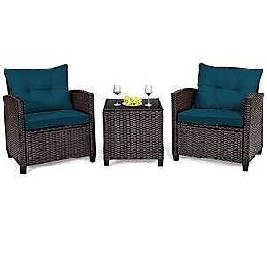 HAPPYGRILL 3 Pieces Patio Furniture Set Outdoor Furniture Rattan Wicker Chairs and Table Set, Balcony Porch Conversation Set with Washable Cushions & Tempered Glass Coffee Table (Blue)