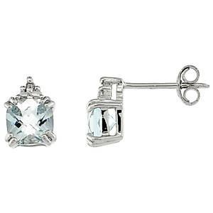 10k White Gold Diamond Natural Aquamarine Stud Earrings 5x5 mm Cushion Cut