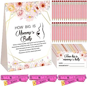 Set of 76 Baby Shower Game Kit How Big is Mommy's Belly Sign Guessing Baby Game Sign with Guessing Cards Pencils Measuring Tape for Baby Shower Gender Reveal Party Game (Floral Style)