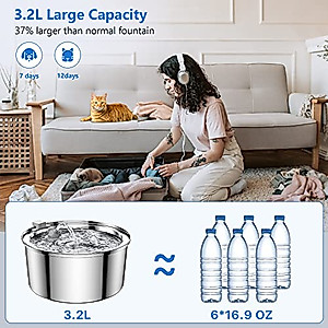 Cat Water Fountain, AIWMQYYF 108oz/3.2L Automatic Stainless Steel Cat Fountain, Dog Water Dispenser Bowl with Ultra-Quiet Pump, 3 Replacement Filters, Adjustable Water Flow for Cats, Dogs, Pets