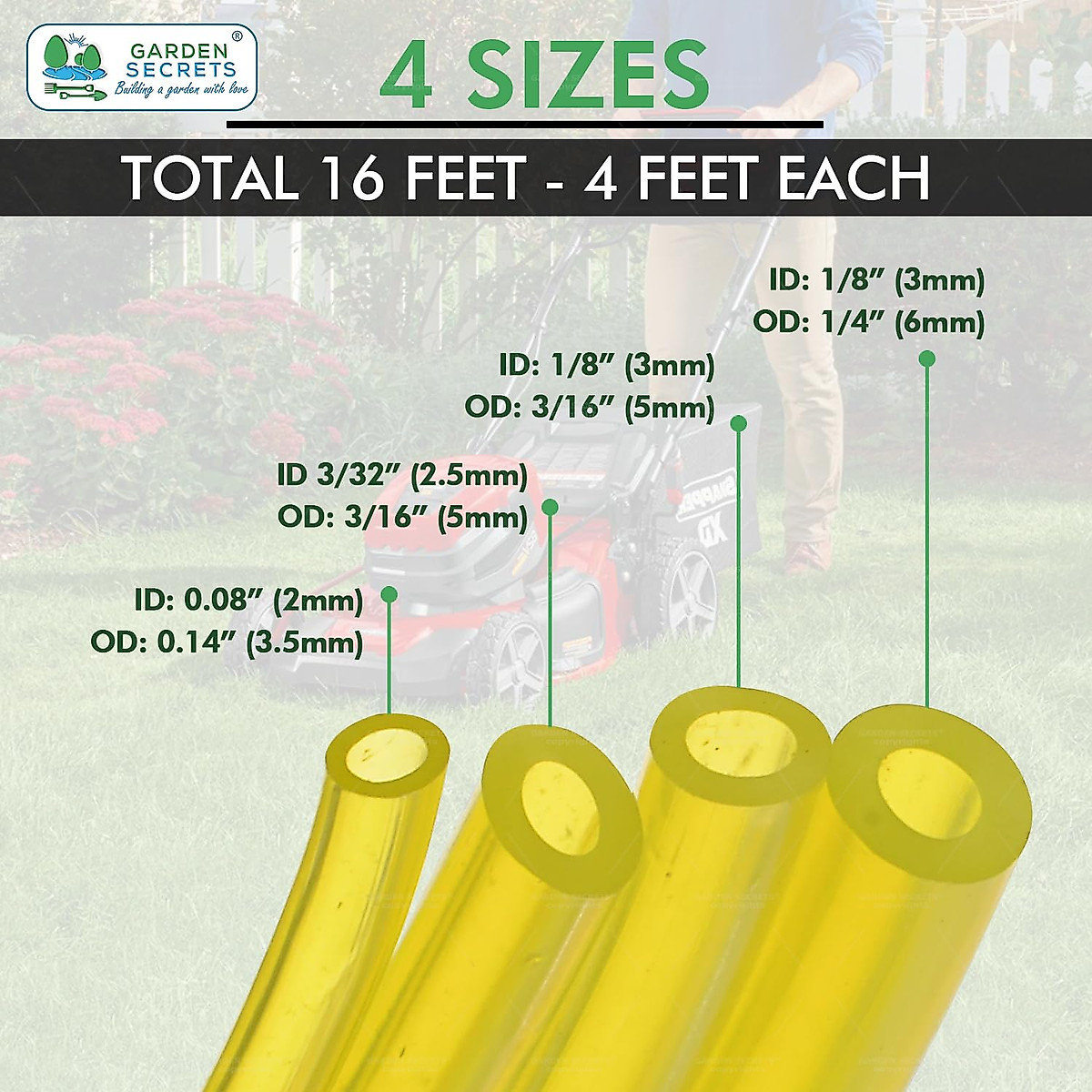 GARDEN SECRETS (4 Sizes) 2-Stroke Garden Power Tools Fuel Line Replacement Kit. Fuel Hose Fuel Tube for String Trimmer Chiansaw Blower Power Tools with Small Engine, Nitro Engine. (Yellow, 4ft each)