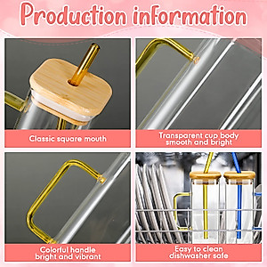 Rtteri 6 Set Square Glass Cups Drinking Glasses with Bamboo Lid Straw and Handle Portable Coffee Mugs for Graduation Party Mother's Day Gifts(Bright Color, 13 oz, Small)