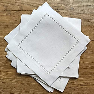 White Linen Cocktail Napkin 6"x6" Set of 50 Linen Cloth Napkin Coasters-Ladder Hemstitch 100% Linen Beverage Party Napkin Coaster Super Value Bulk 50 Pack
