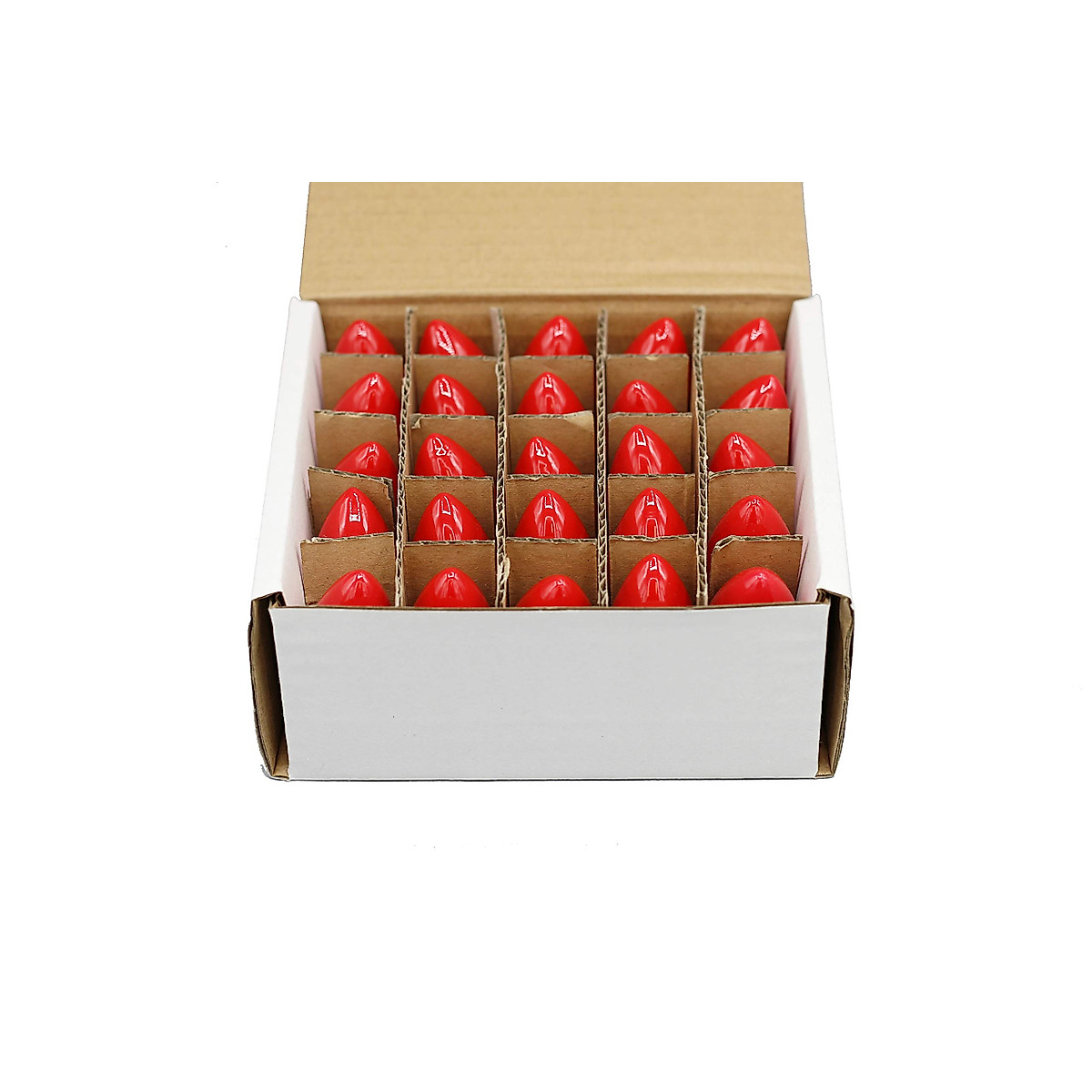 Creative Hobbies® Box of 25 Light Bulbs, Ceramic Opaque Red, Steady Burning, 7 Watt Incandescent, C7 Candelabra Base - Great for Christmas Strings and Decorative Lights