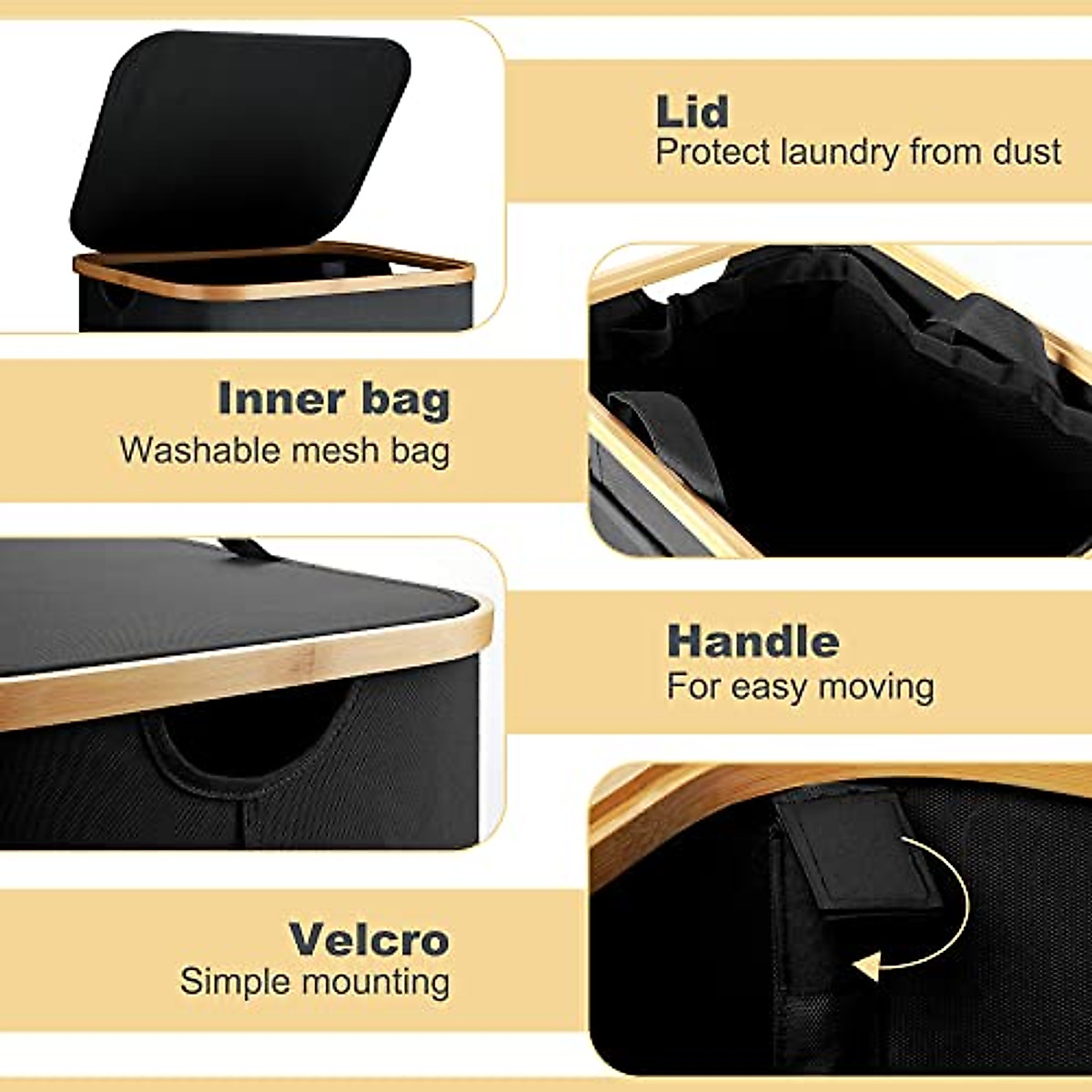 Bellzacasa Laundry Hamper with Lid, Black 100L Large Washing Basket for Laundry with Handles Laundry Basket for Bedroom Bamboo Bathroom Bin